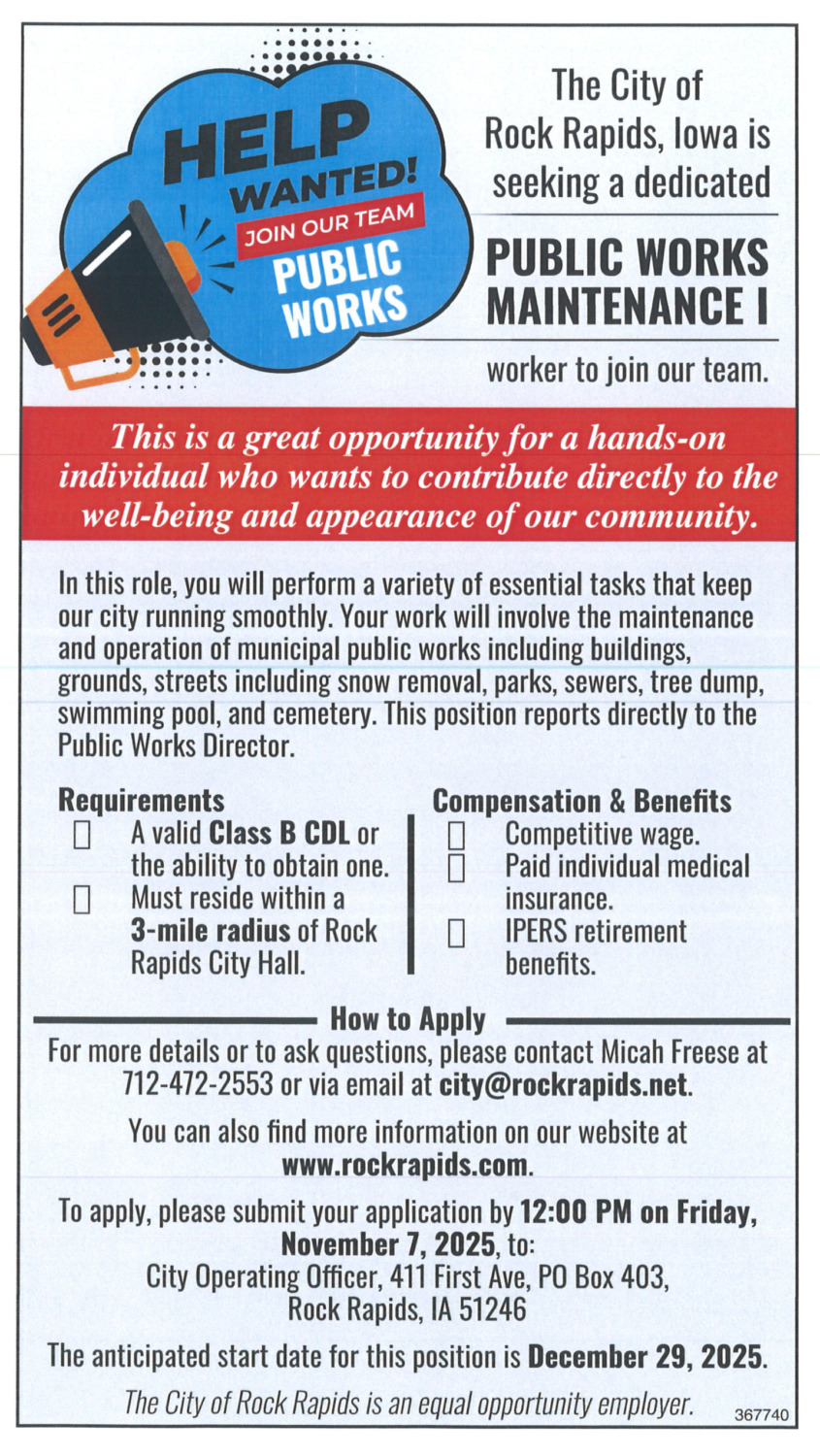 Help Wanted – Public Works – Rock Rapids